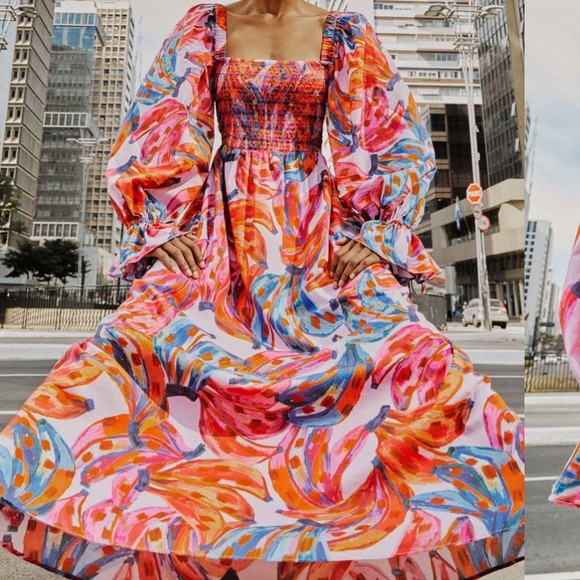 FARM Rio | Dresses | Farm Rio Bananas Smocked Long Sleeve Maxi Dress ...